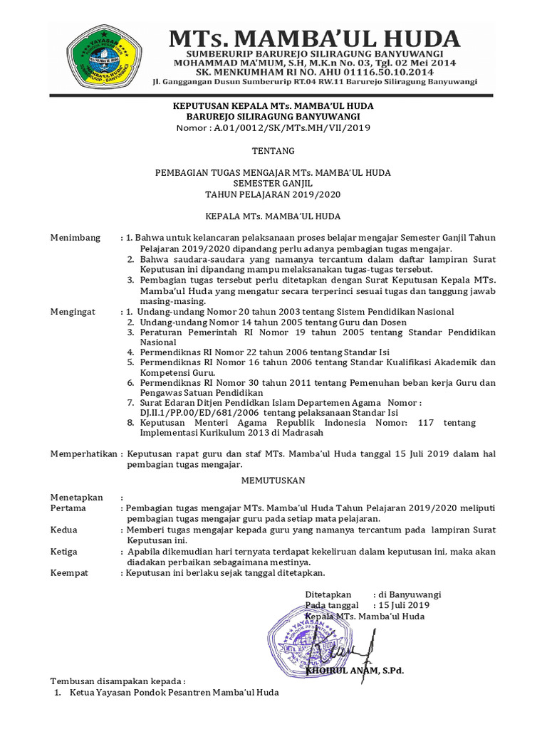 Pembagian Tugas Mengajar MTs 2019/2020 | PDF
