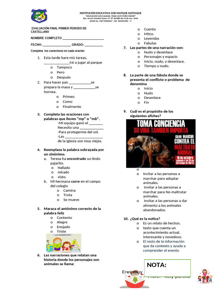 Examen Final Primer Periodo Español | PDF