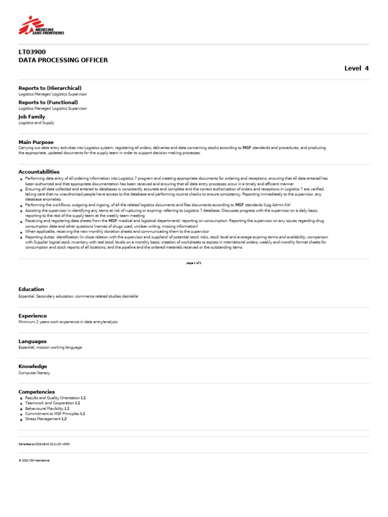 Data Processing Officer Job Description | PDF | Logistics | Databases