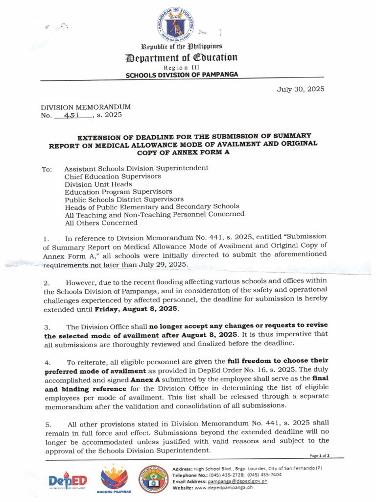 DIVISION MEMORANDUM NO. 451 S. 2025 EXTENSION OF DEADLINE FOR THE SUBMISSION OF SUMMARY REPORT ...
