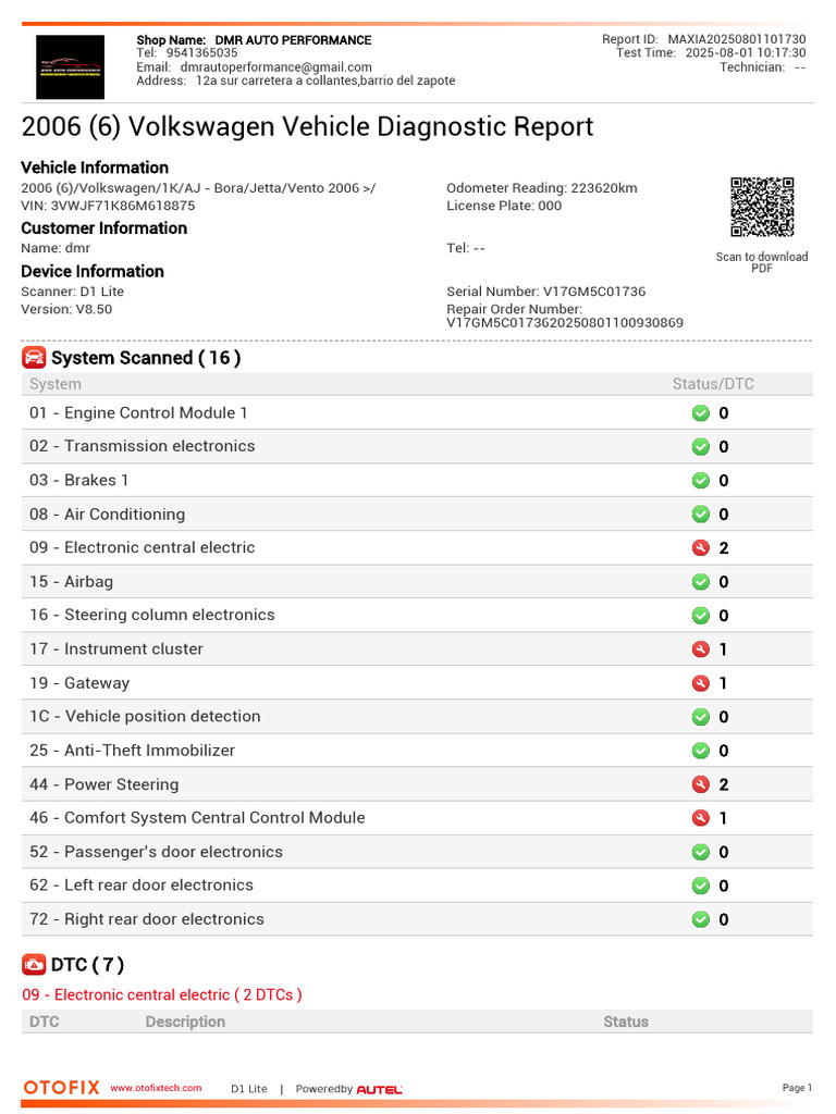 2006 (6) Volkswagen Vehicle Diagnostic Report - 3VWJF71K86M618875 ...