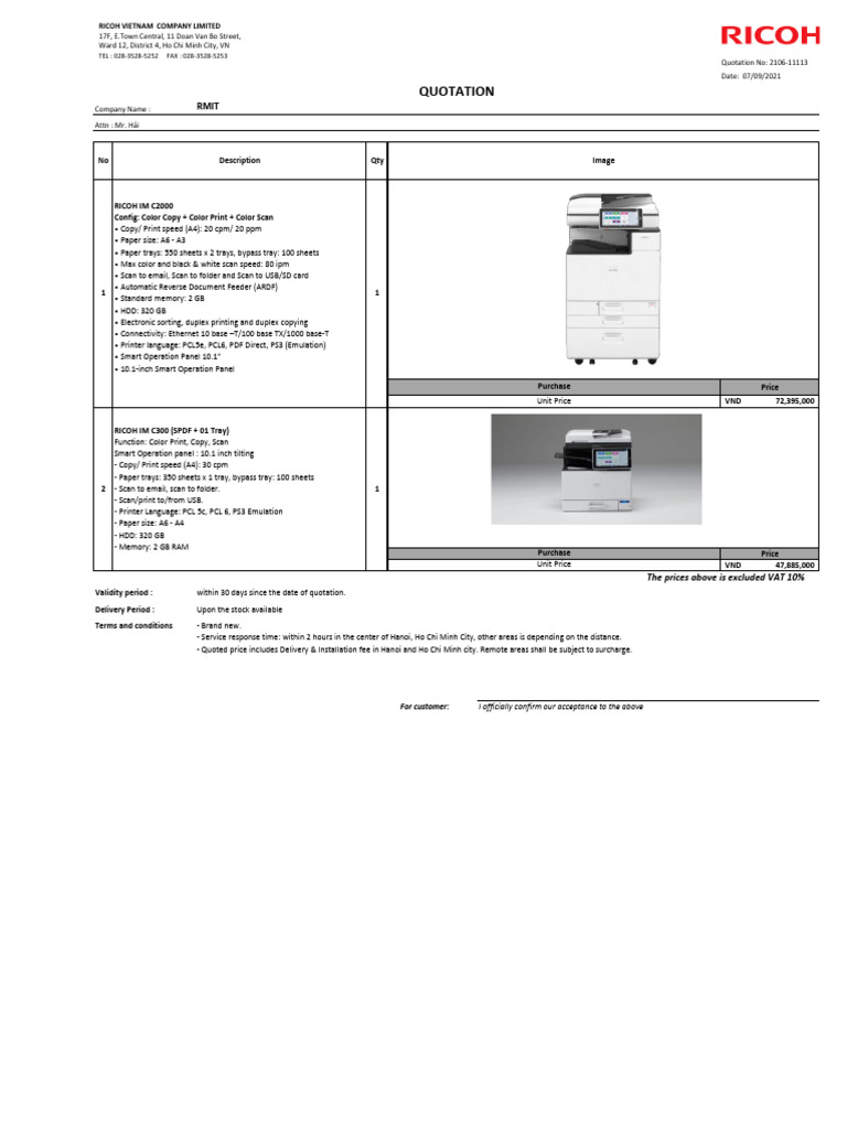 Quotation - Rmit - Im C2000&im c300 | PDF | Image Scanner | Printer (Computing)