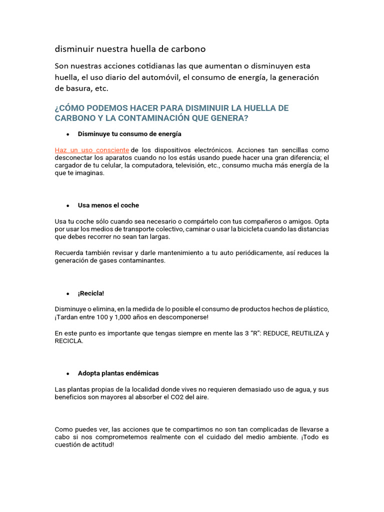 Disminuir Nuestra Huella de Carbono | PDF | Ozono | Entorno natural