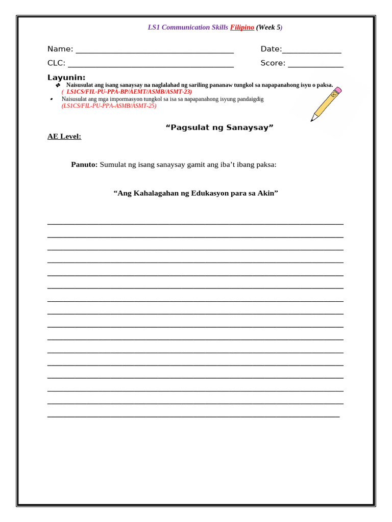 Worksheets LS1 Pagsulat NG Sanaysay | PDF