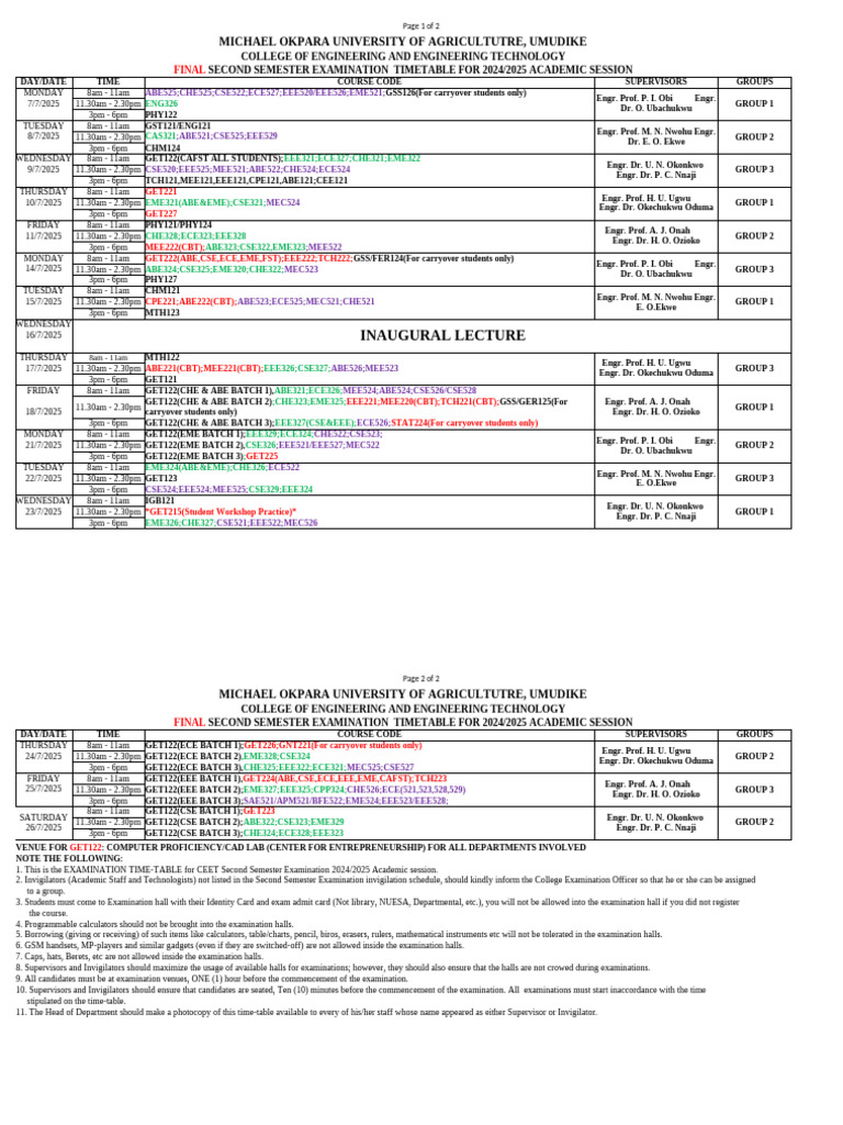 Updated Ceet Final Examination Timetable For Second-Semester 24-25 | PDF