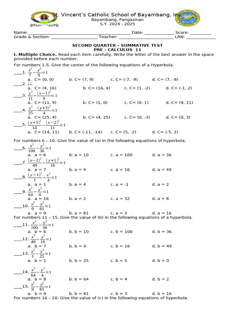 2ndquarter SummativeExam PreCal | PDF | Mathematical Concepts | Mathematics
