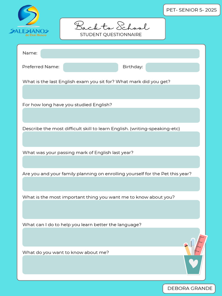 Pink Teal Back To School Student Questionnaire Worksheet PDF | PDF