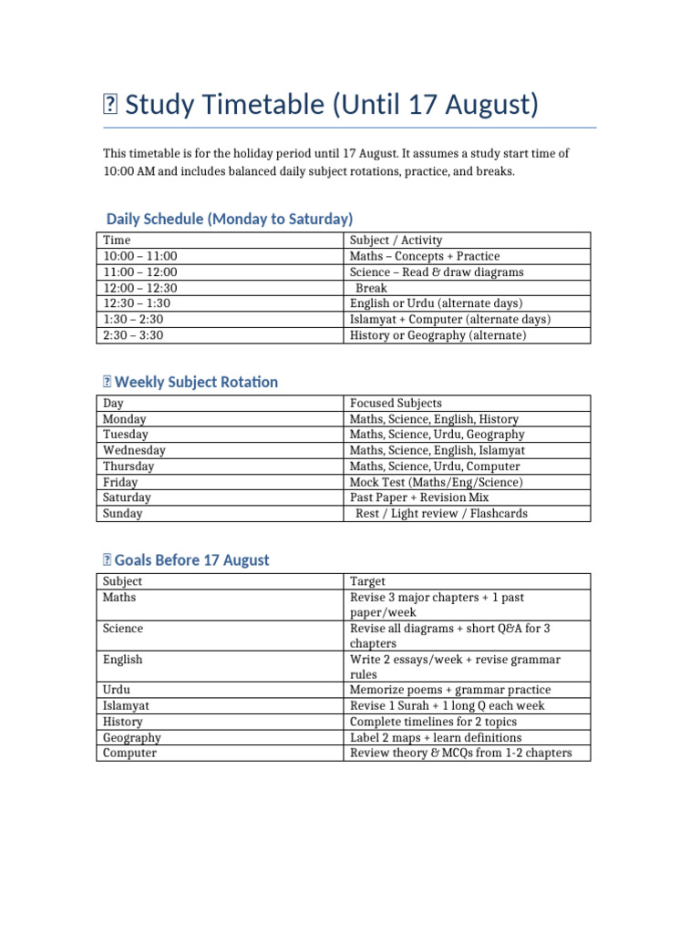 Holiday Study Timetable | PDF