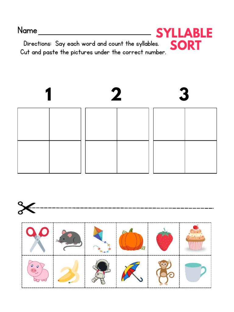 Colorful Simple Syllables Cut and Paste Worksheet PDF | PDF