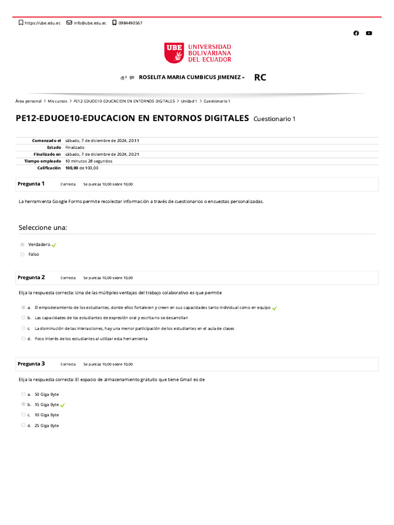 Cuestionario 1 - Revisión Del Intento - EVA-UBE | PDF | Cuestionario ...