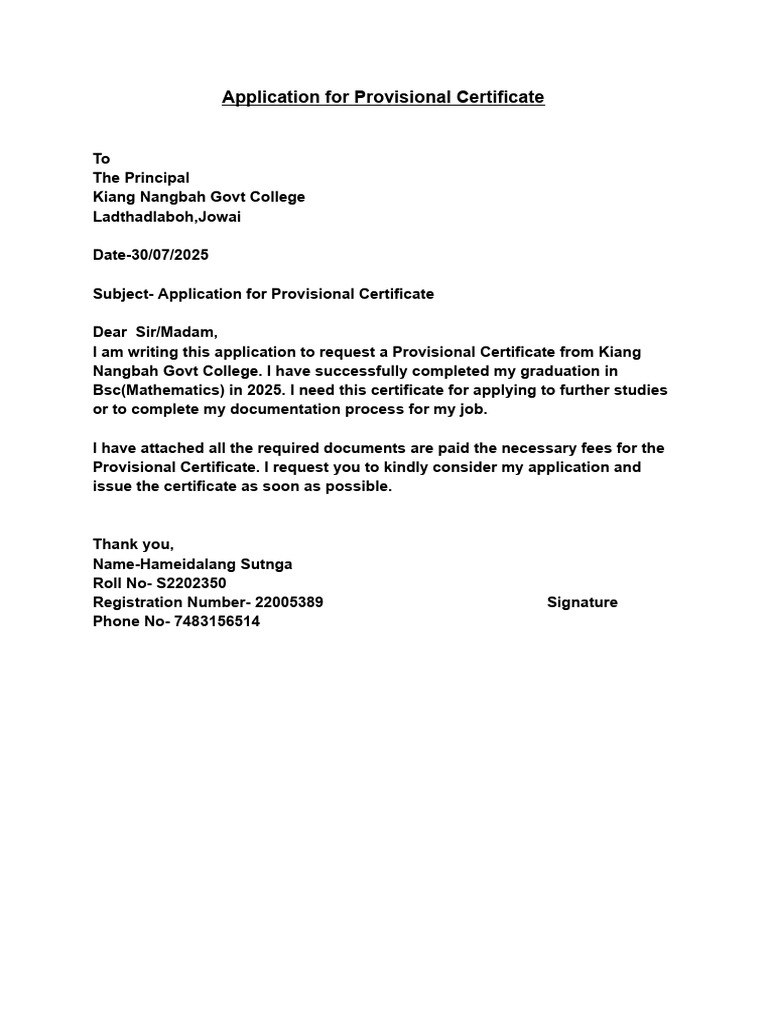 Application For Provisional Certificate | PDF