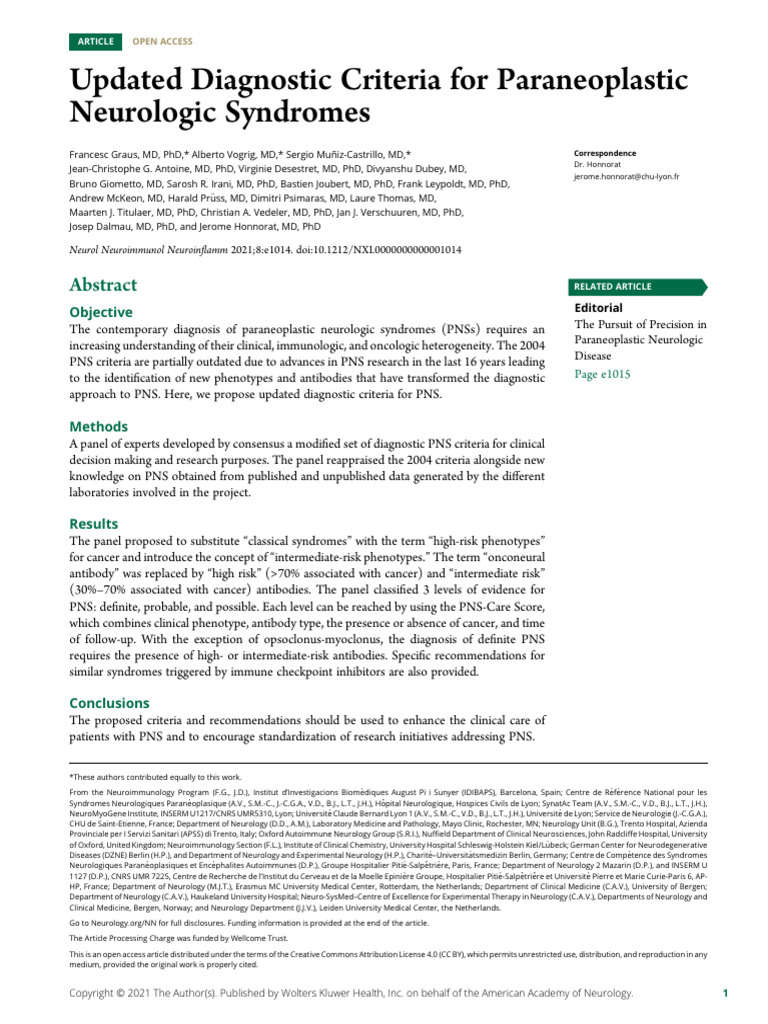 Updated Criteria for Paraneoplastic Syndromes | PDF | Human Diseases ...