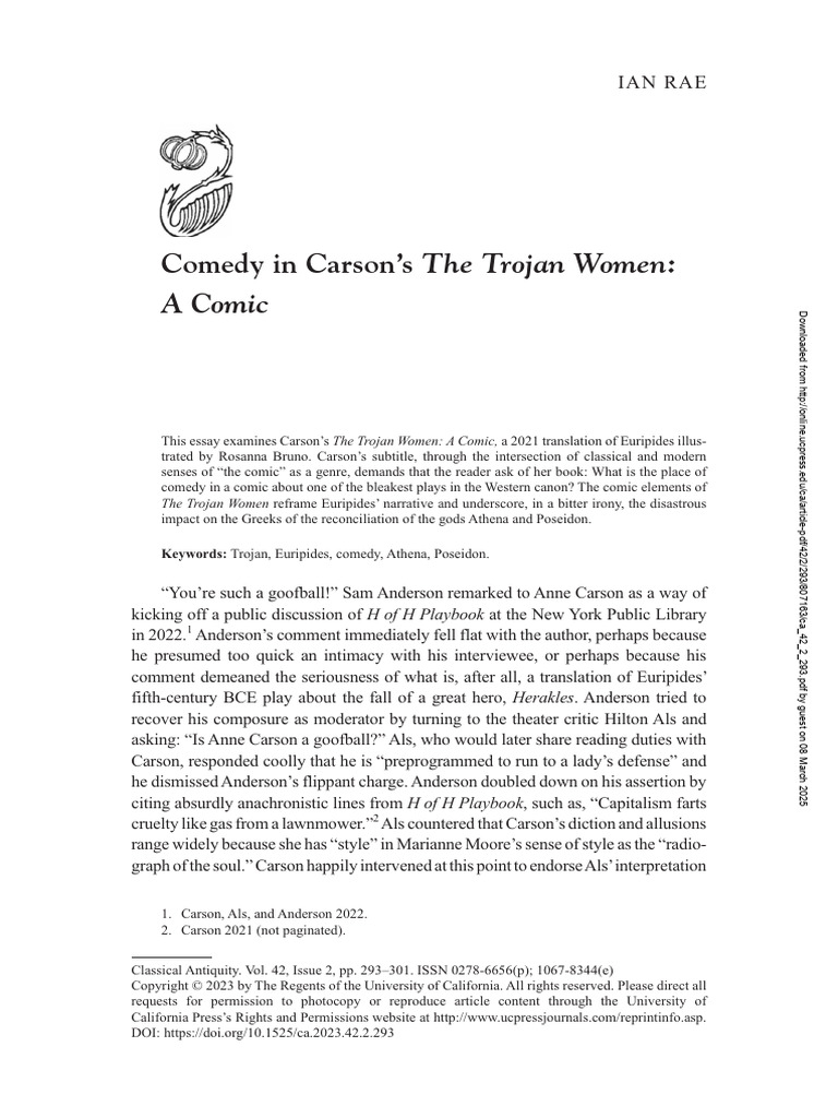 Comedy in Carson's Trojan Women Analysis | PDF | Helen Of Troy | Euripides