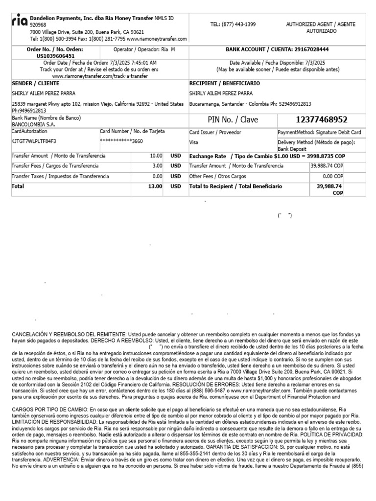 Ria Order Receipt US1039606451 | PDF | Pagos | Tecnología bancaria
