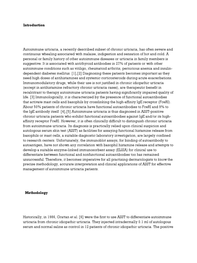 Autologous Serum Skin Test | PDF | Autoimmunity | Autoimmune Disease