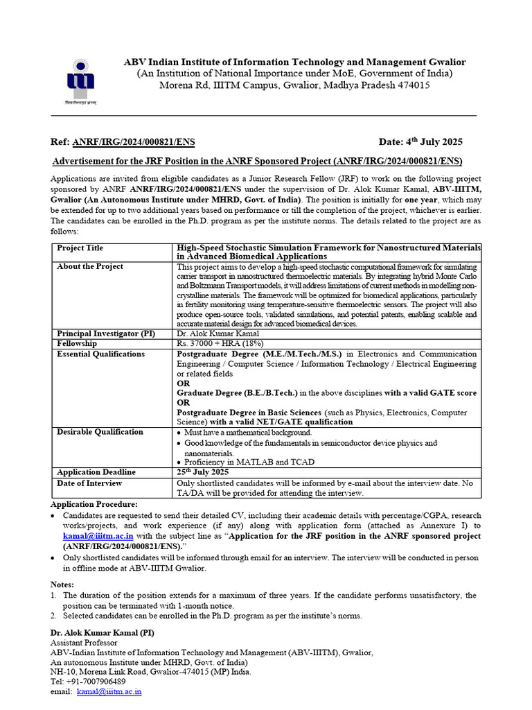 JRF Position at ABV-IIITM Gwalior | PDF