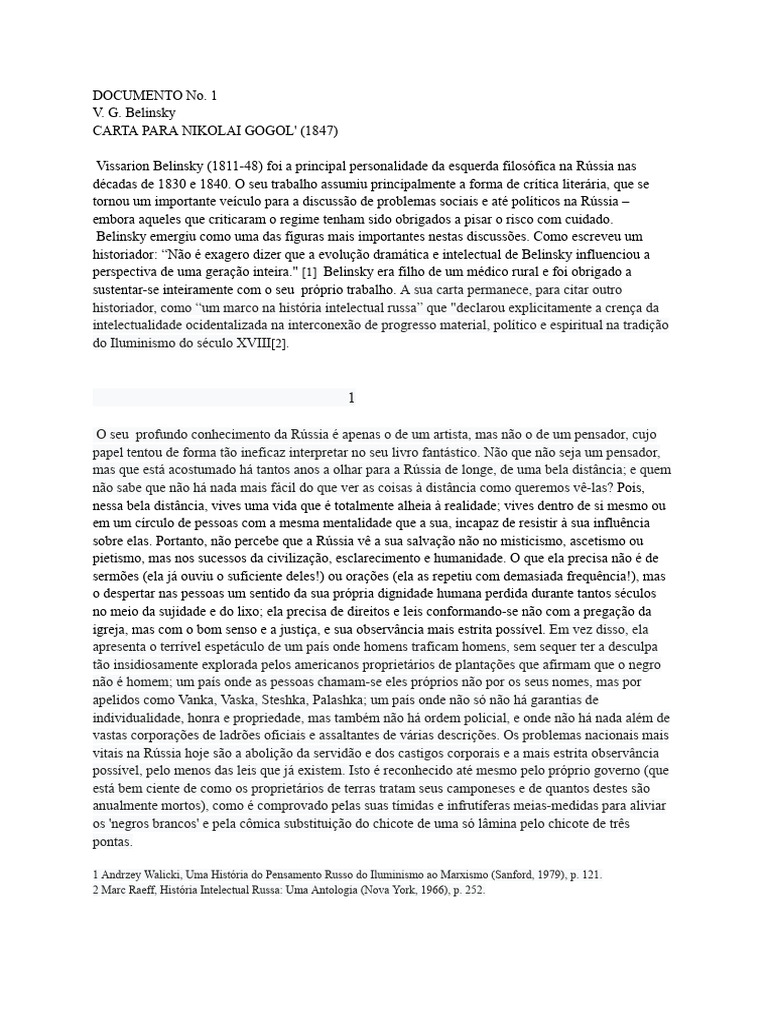 Crítica de Belinsky a Gogol: Liberdade e Justiça | PDF | Intelectual ...