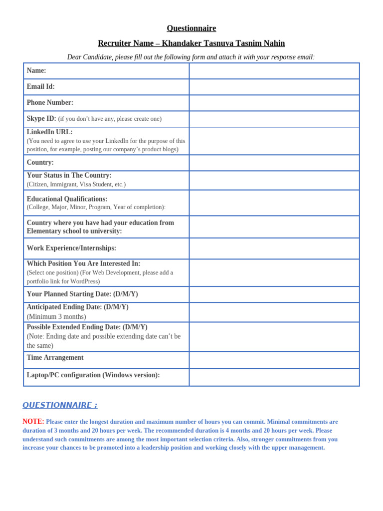 Candidate Questionnaire for Virtual Internships | PDF