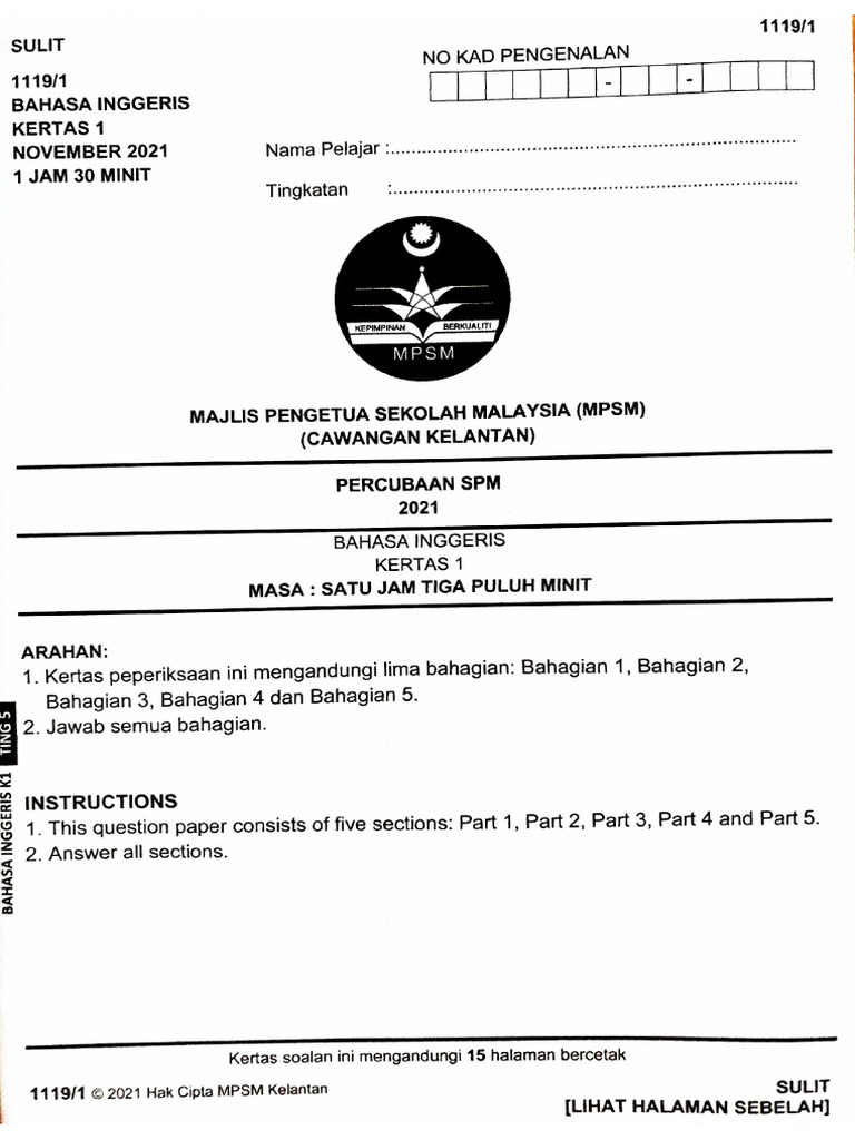 Kertas Trial English Kelantan k1 2021 | PDF