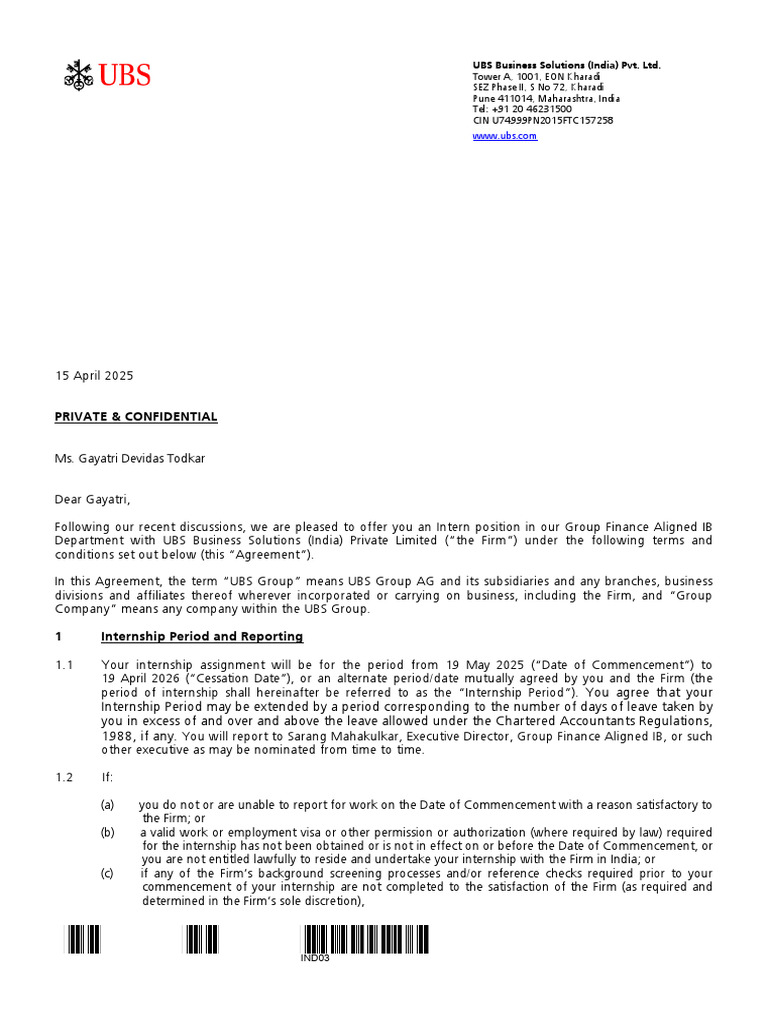 IND Intern Offer Letter-Gayatri Todkar | PDF | Trade Secret | Intellectual Property