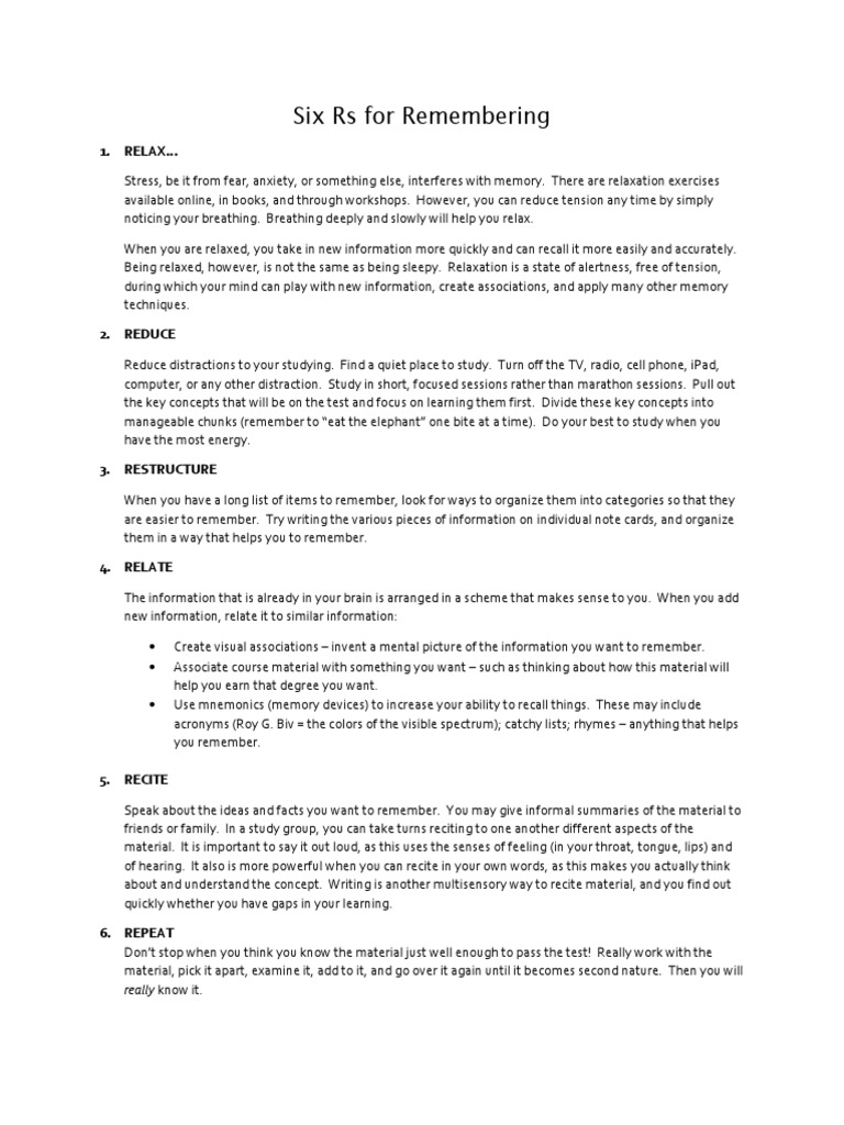 6 Rs for Remembering | PDF | Relaxation (Psychology) | Memory