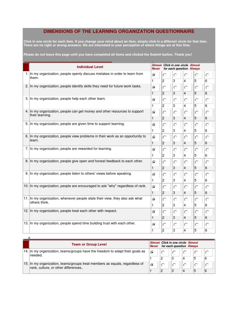 Dimensions of The Learning Organization Questionnaire | PDF ...