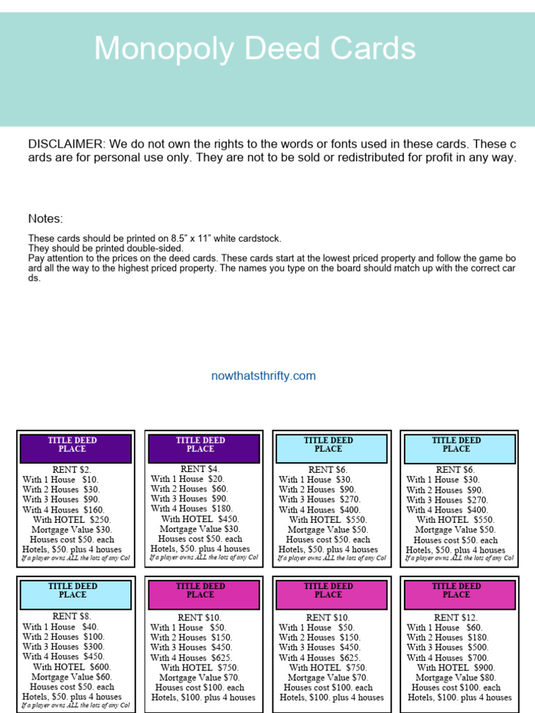 Printable Monopoly Deed Cards | PDF