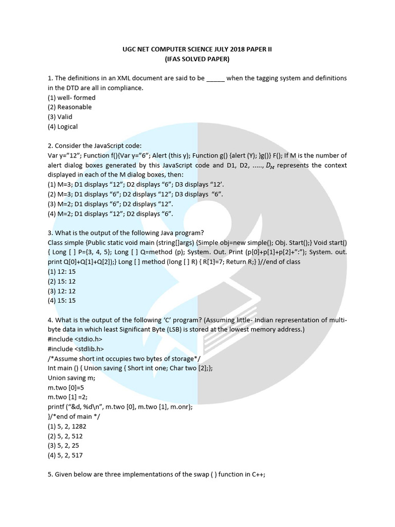 UGC NET Computer Science July 2018 Exam | PDF | Time Complexity ...