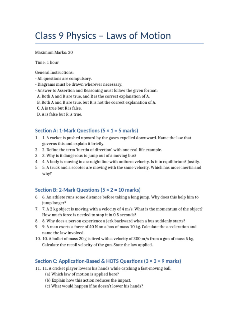 Class 9 Physics Laws of Motion Question Paper | PDF | Force | Newton's ...
