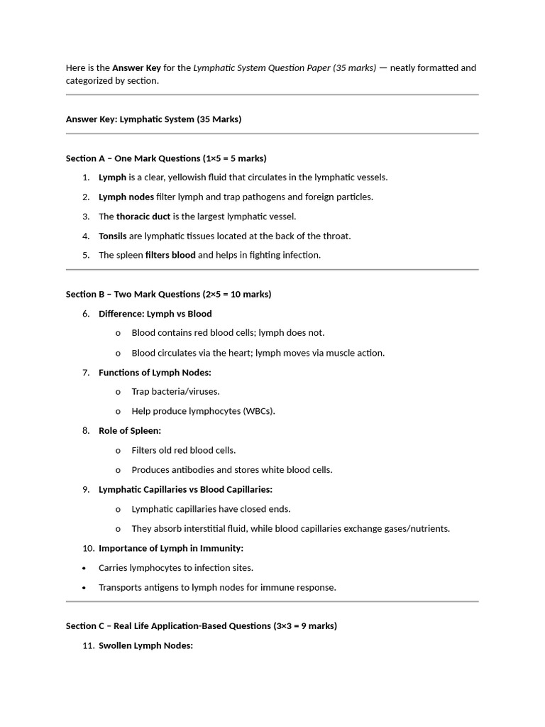 Answer Key For The Lymphatic System Question Paper | PDF
