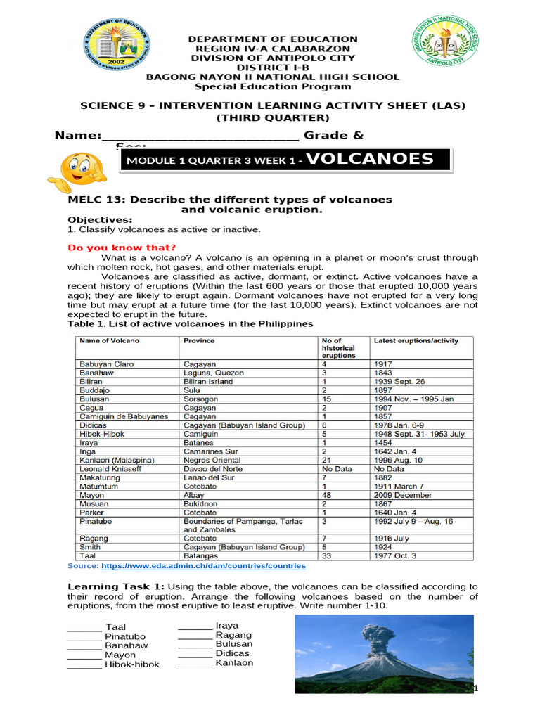 Science 9 Volcanoes Learning Activity Sheet | PDF | Volcano ...