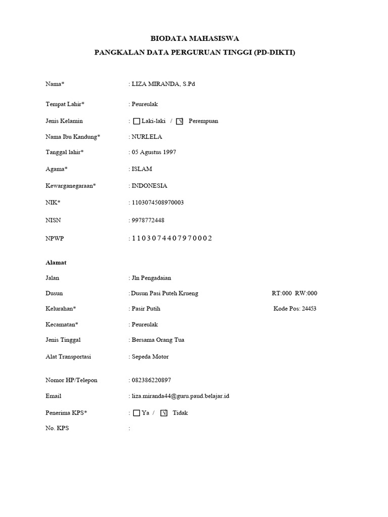 Biodata Liza | PDF