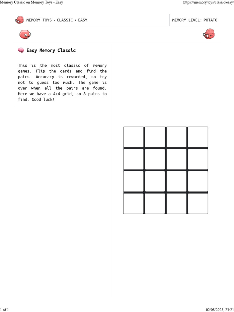 Memory Classic On Memory Toys - Easy | PDF
