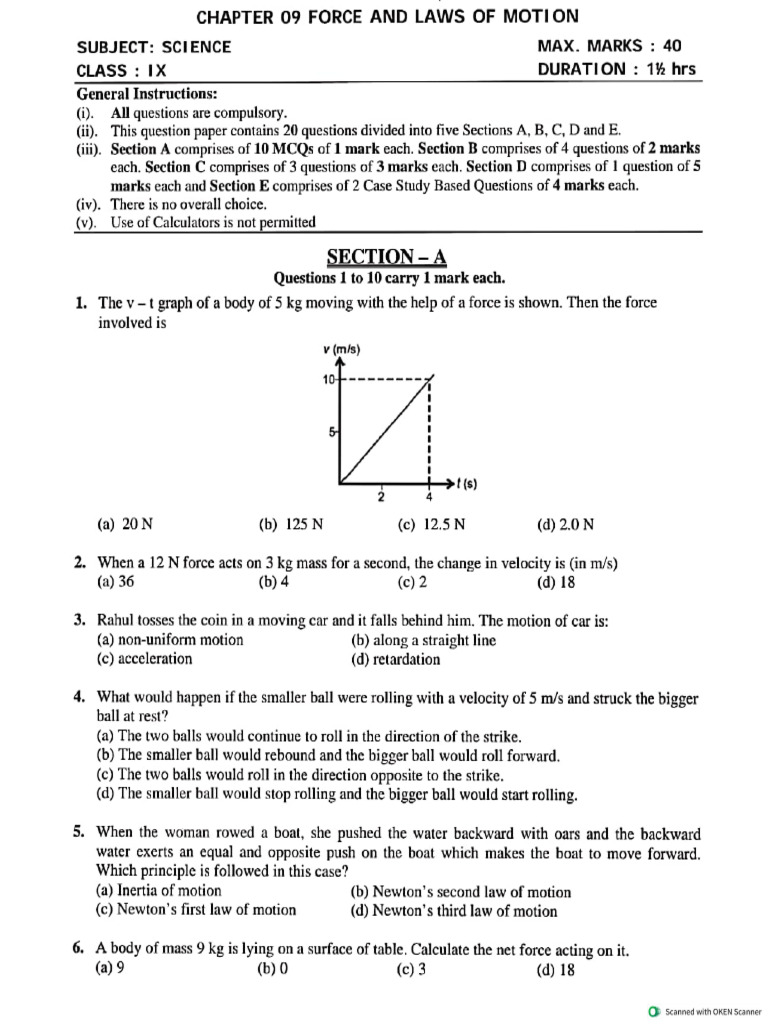 Science Class Ix Chapter 09 Force and Laws of Motion Practice Paper 05 ...
