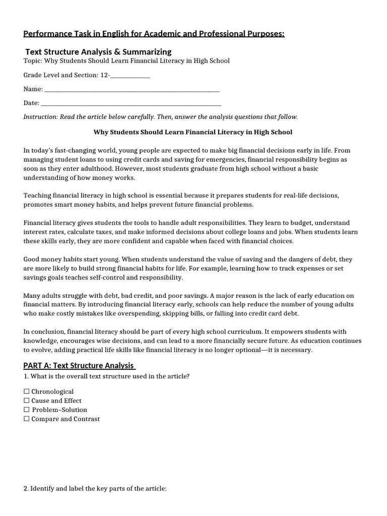 q1 Eapp Performance-task | PDF | Financial Literacy | Literacy