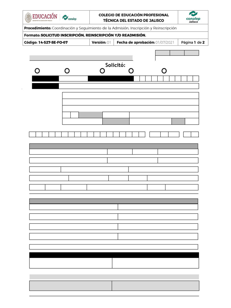 14-527-Se-fo-07 Solicitud de Inscripcion, Reinscripcion o Readmision (e Rev 01) | PDF