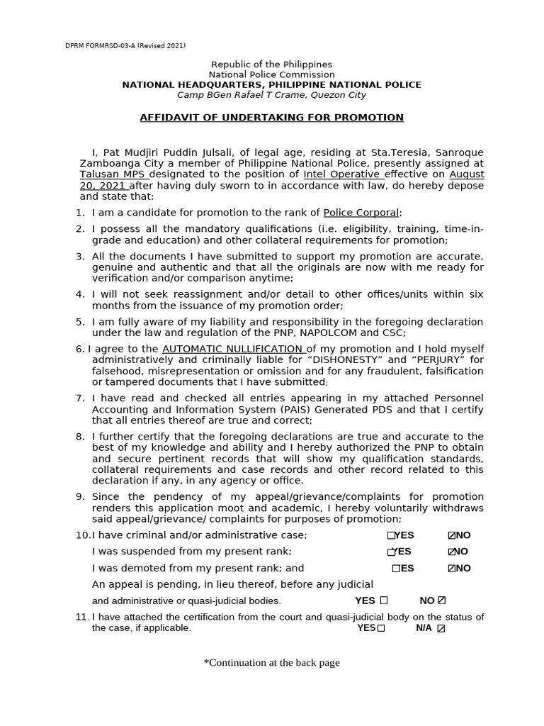 Affidavit of Undertaking For Promotion | PDF | Affidavit | Justice