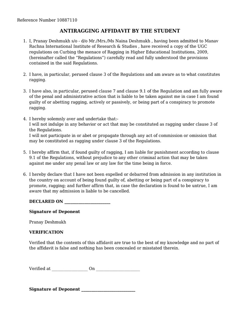 Anti Ragging Affidavit Form | PDF | Affidavit