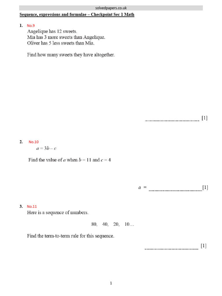 CPS2217 Sequence Expressions and Formulae 9820147 Checkpoint Sec 1 Mathematics | PDF
