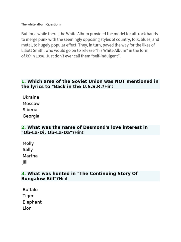 The White Album Questions | PDF