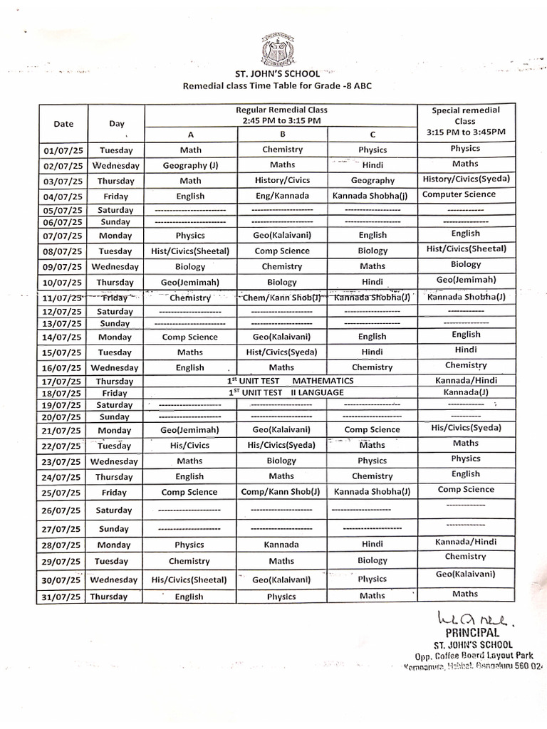 Grade 8 Remedial Time Table For The Month of July 2025 | PDF