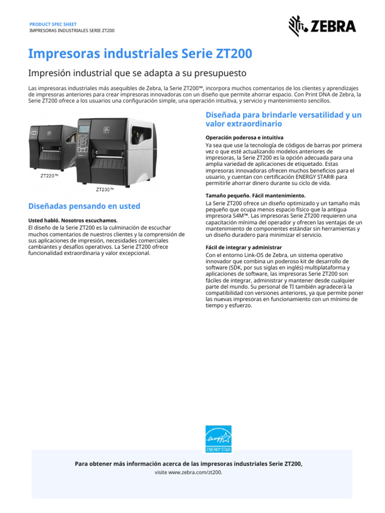 Zt200 Series Spec Sheet Es La | PDF | Impresora (Computación) | Software