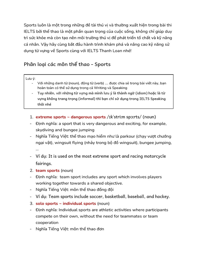 Posted 11. Từ Vựng IELTS Writing & Speaking Chủ Đề SPORTS | PDF