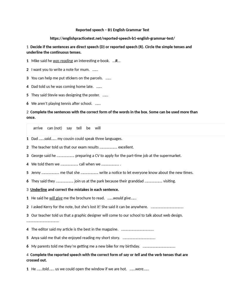 Gram-Reported Speech Writing B1 | PDF