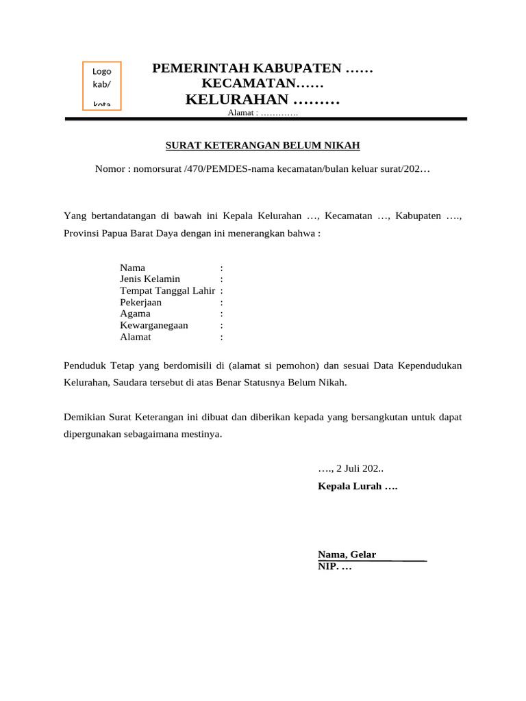 Format Surat Keterangan Belum Menikah Dari Kelurahan | PDF