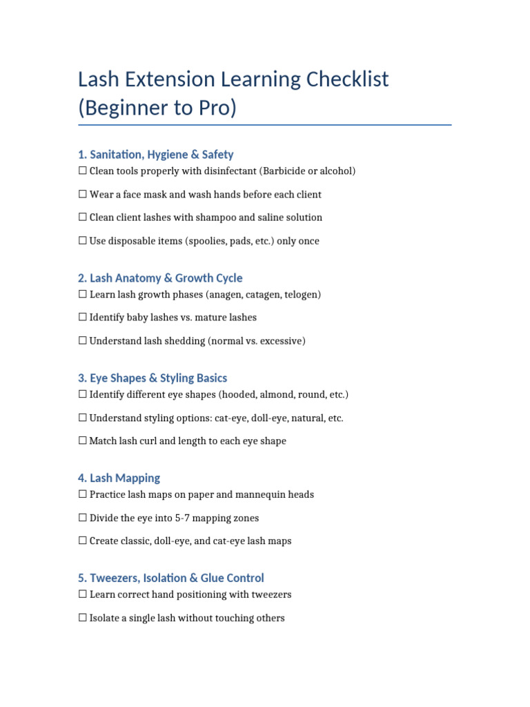 Lash Extension Learning Checklist | PDF