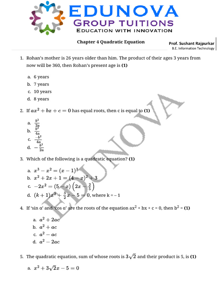 CBSE Quadratic Equations Test Paper | PDF | Length | Quadratic Equation