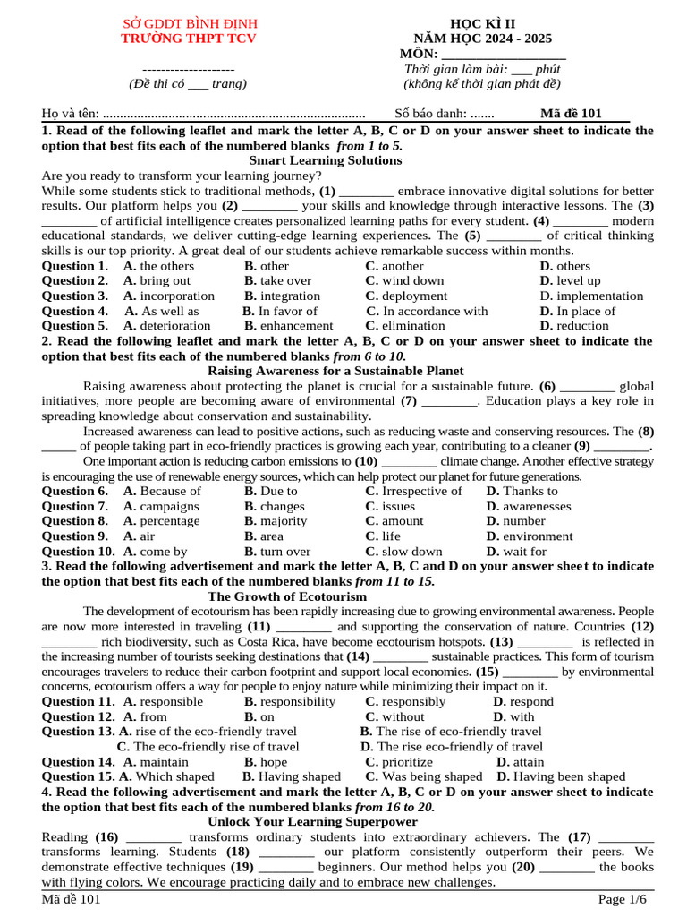 Exam Questions for High School Students | PDF | Teaching Method | Learning