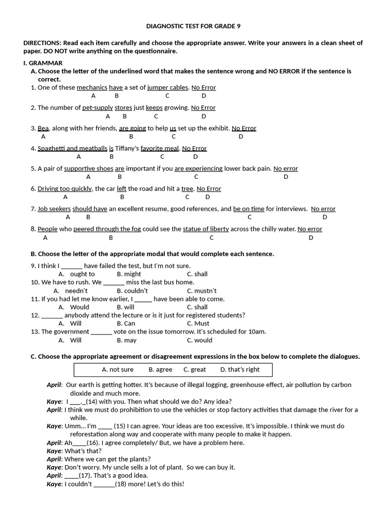 Grade 9 Diagnostic Test Overview | PDF