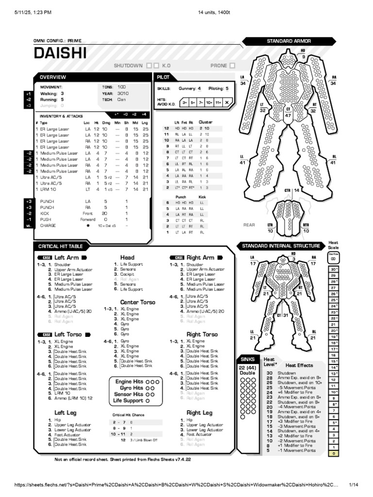 BattleTech Record Sheets (Flechs) : Daishi (Dire Wolf) | PDF